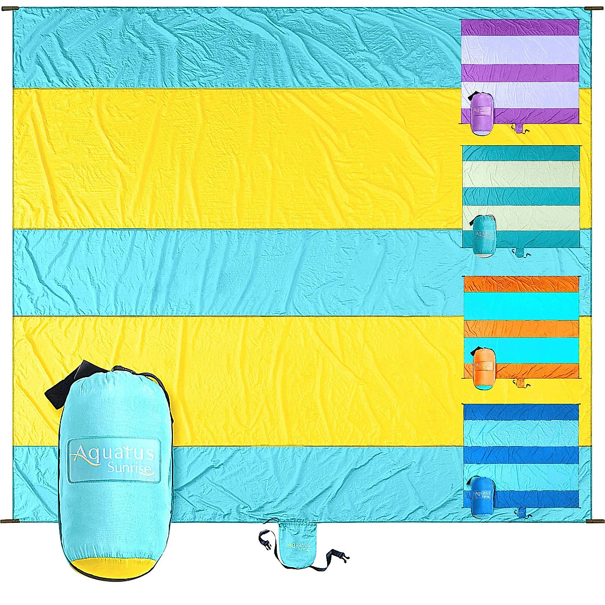 AQUATUS Premium XXL Beach Blanket Sandproof Water Resistant Quick Dry Mat 10ft by 9ft for 1-8 Adults with 4 Metal Stakes, 4 Corner Pockets, Secure Clip and Strap, and Attached Bag