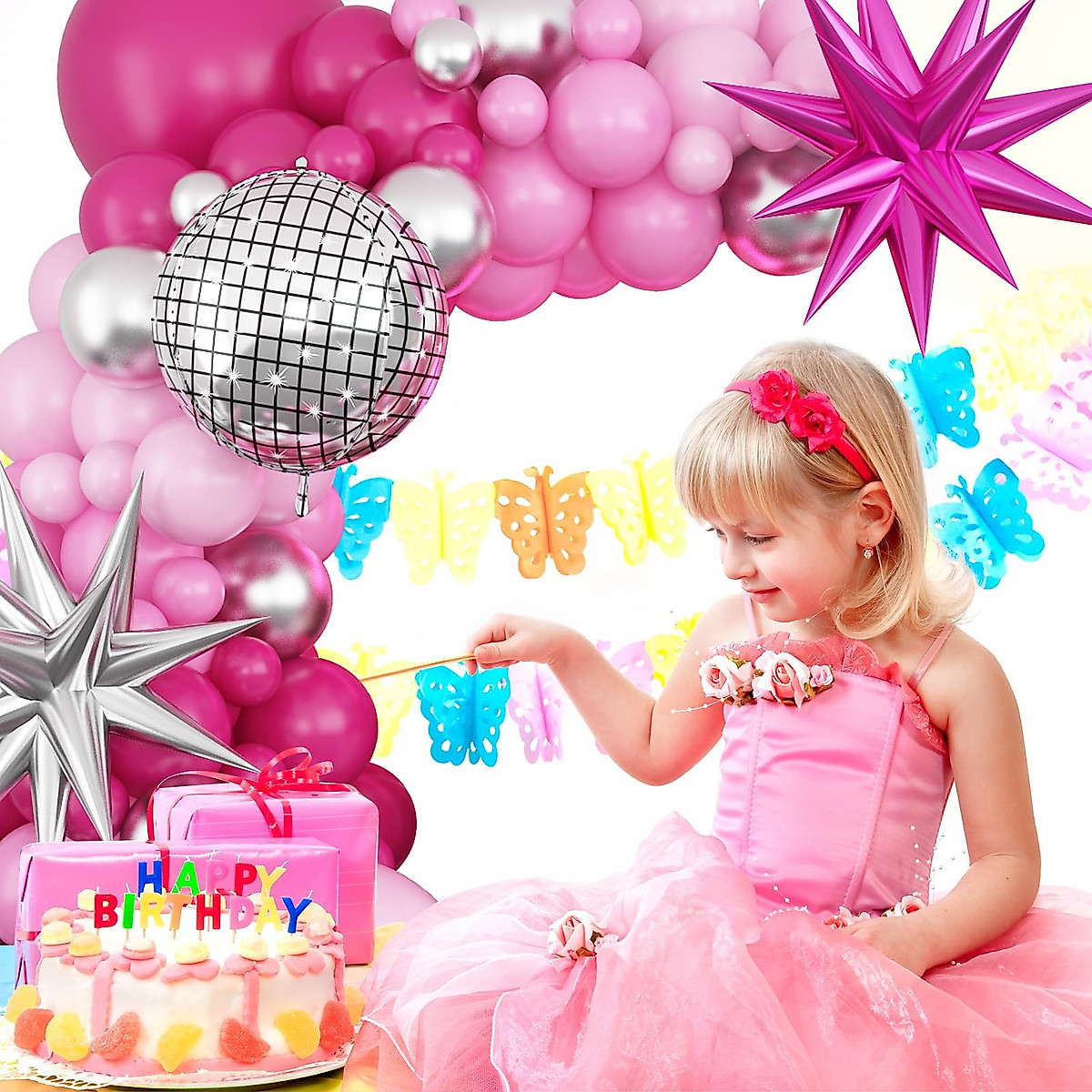 Hot Pink Silver Balloon Garland Arch, Pastel Pink Silver Macaron Pink Balloon Garland with Pink Silver Star Foil Balloon for Girls Baby Shower Birthday Wedding Princess Party Decor