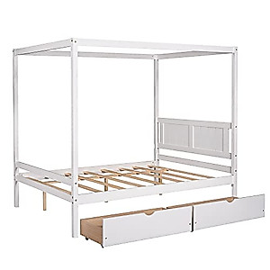 MOEO Full Size Canopy Platform Bed with 2 Drawers, Slat Support Leg, Wood Bedfram w/Guardrail for Kids, Adults, No Spring Box Required, White