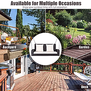 Tangkula 2-Person Wicker Hanging Porch Swing, Patiojoy Outdoor Rattan Swing Bench W/ 2 Back Cushions & 1 Seat Cushion, Sturdy Steel Chain, 800lbs Weight Capacity, Suitable for Deck, Backyard, Garden