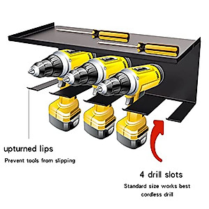 Drill Storage Rack Metal Tool Organizer Power Tool Holder Steel Rack With 4 Drill Charging Slots Tool Storage Organizer Garage Charging Station Hanging Wall Mount, Holds Drills, Batteries, Accessories