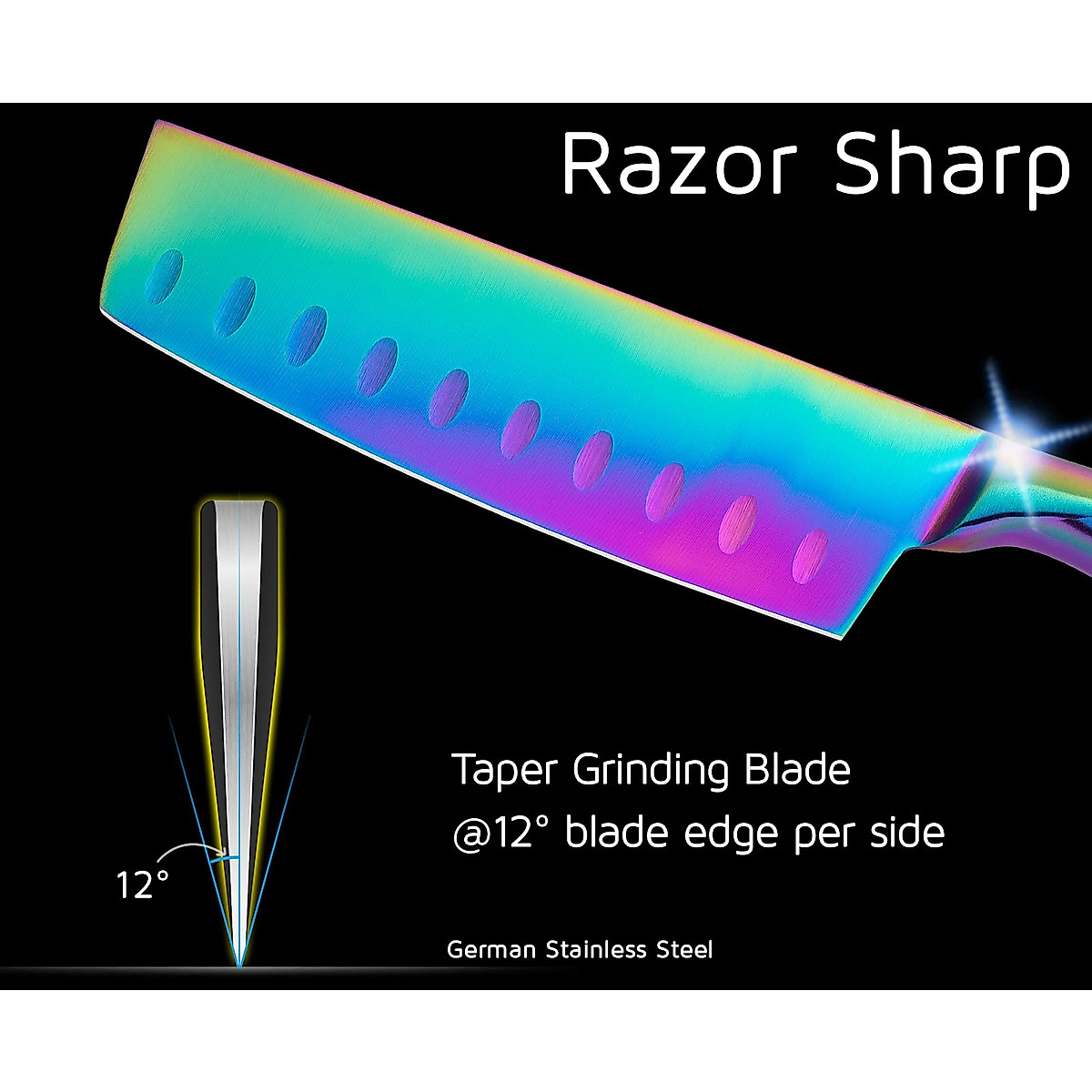 WELLSTAR Nakiri Knife 7 Inch, Razor Sharp German Stainless Steel Meat Vegetable Cleaver, Multi-purpose Asian Kitchen Knife for Home Chef’s Cooking with Rainbow Titanium Coating, Strong Durable Handle