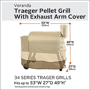 Classic Accessories Veranda Water-Resistant 53 Inch Traeger Pellet BBQ Grill with Exhaust Arm Cover
