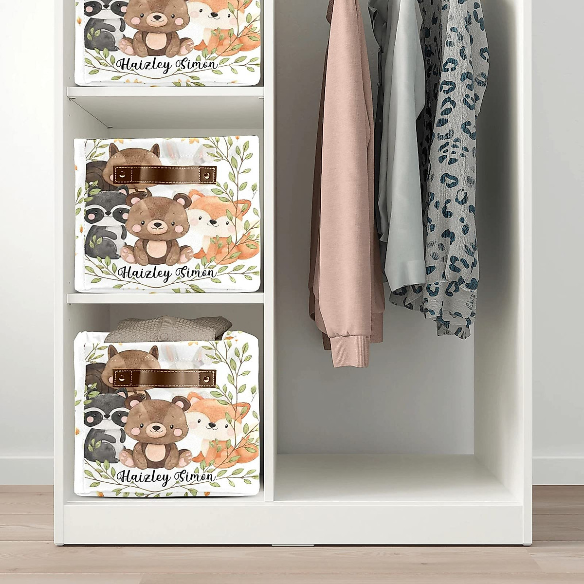 Cute Woodland Animals Personalized Storage Bins Custom Baskets Cubes Organizer With Handle for Home Nursery Supplies Clothes Toy 2 Pack