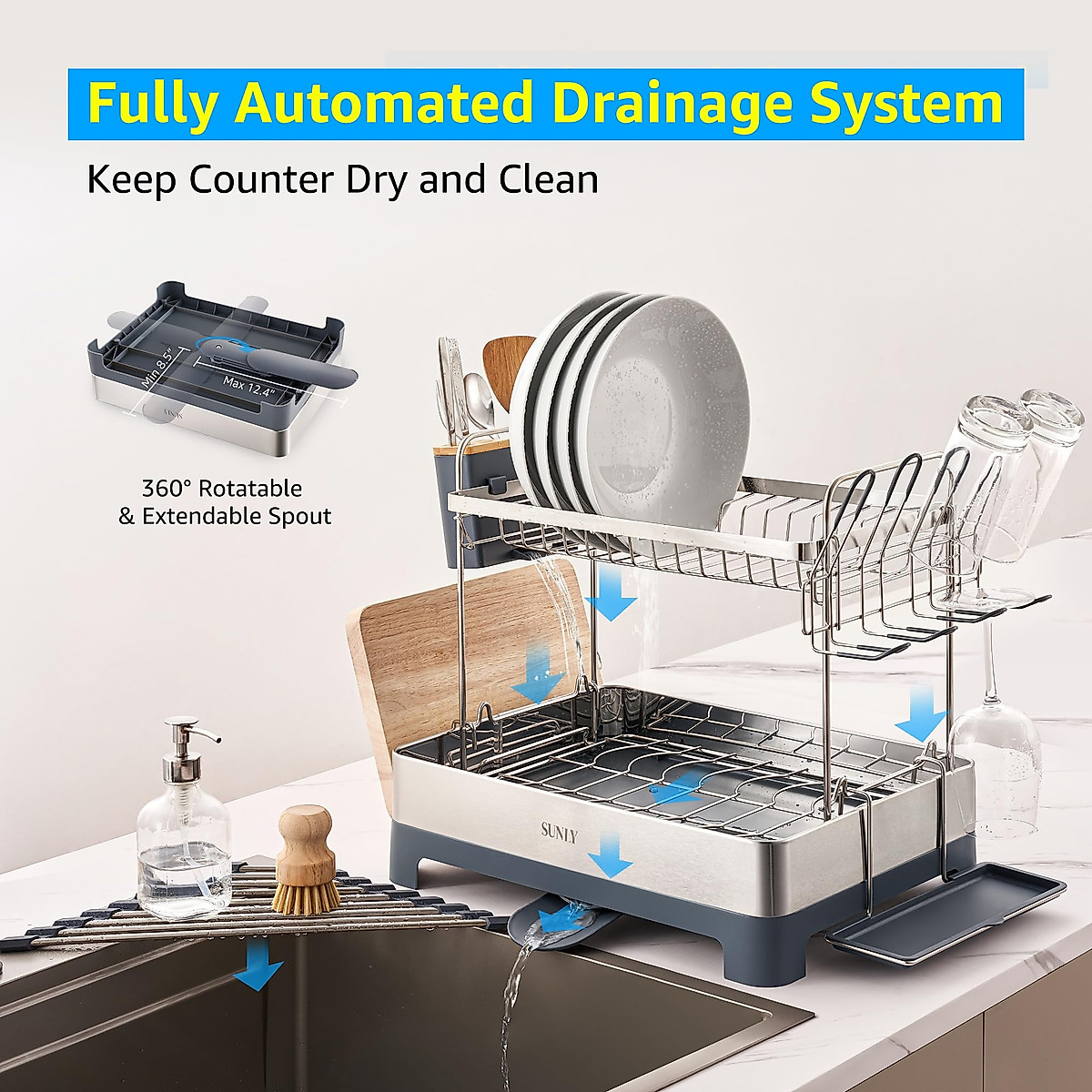 SUNLY Large Dish Drying Rack, Dish Racks for Kitchen Counter, 304 Stainless Steel Kitchen Drying Rack, Multipurpose 2 Tier Dish Drying Rack, Extra Large Dish Dryer with Rotatable Spout, Gray