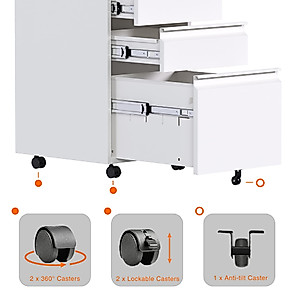 NICOMOW 3-Drawer Locking Metal File Cabinet for Home Office,Easy to Move,Durable and Stable,Under-Desk Filing Cabinet with Legal/Letter Size Drawer,Fully Assembled,White