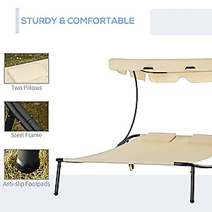 Outsunny Patio Double Chaise Lounge Chair, Outdoor Wheeled Hammock Daybed with Adjustable Canopy and Pillow for Sun Room, Garden, or Poolside, Beige
