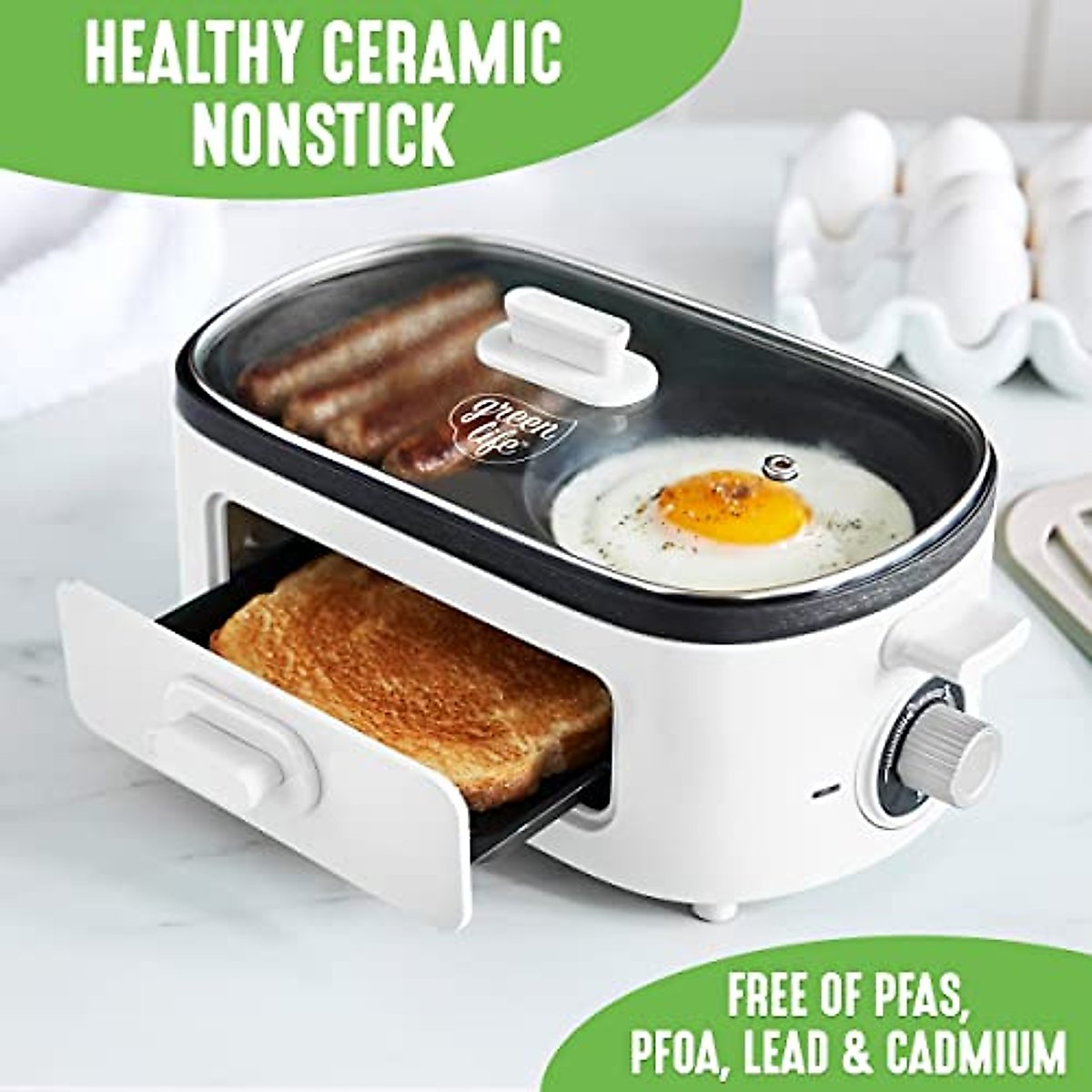 GreenLife 3-in-1 Breakfast Maker Station, Healthy Ceramic Nonstick Dual Griddles for Eggs Meat and Pancakes, 2 Slice Toast Drawer, Easy-to-use Timer, White