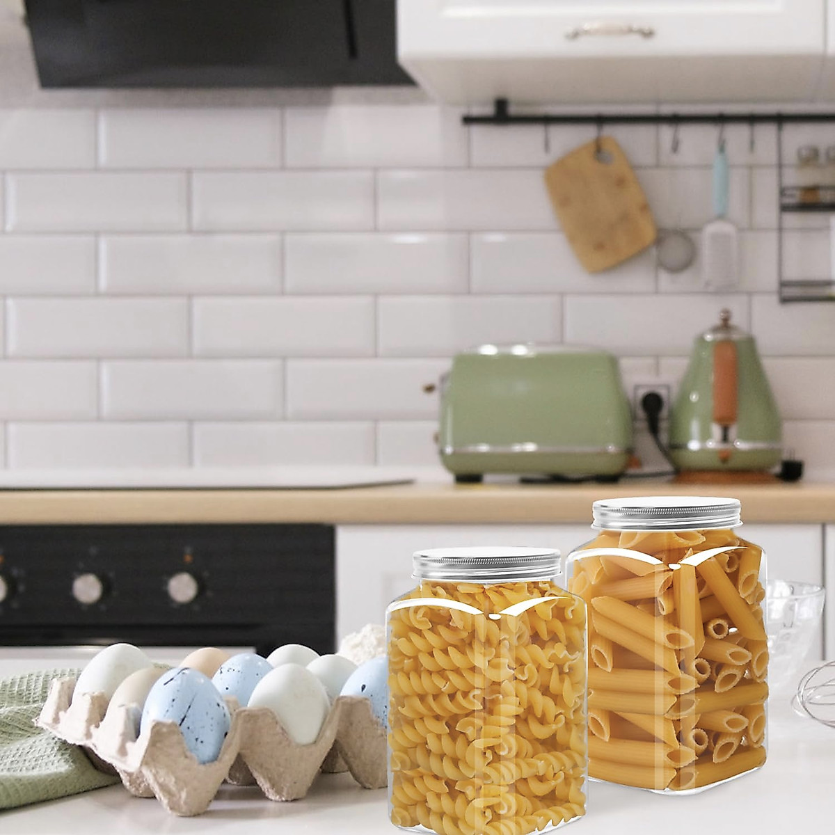 Lainrrew Plastic Storage Jars,6 Pack 47.5 OZ Large Capacity Containers Food Storage Containers Square Plastic Jars with Lids for Kitchen, Crafts, Stackable Food-Safe Storage, BPA-Free