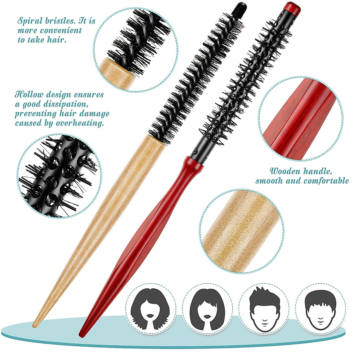 2 Pcs Small Round Hair Brush Mini Round Wood Brush Roller Quiff Hair Combs Nylon Bristles es Salon dressing for Blow Drying Curly Styling Bangs Lifting Beard Care, 2 Styles