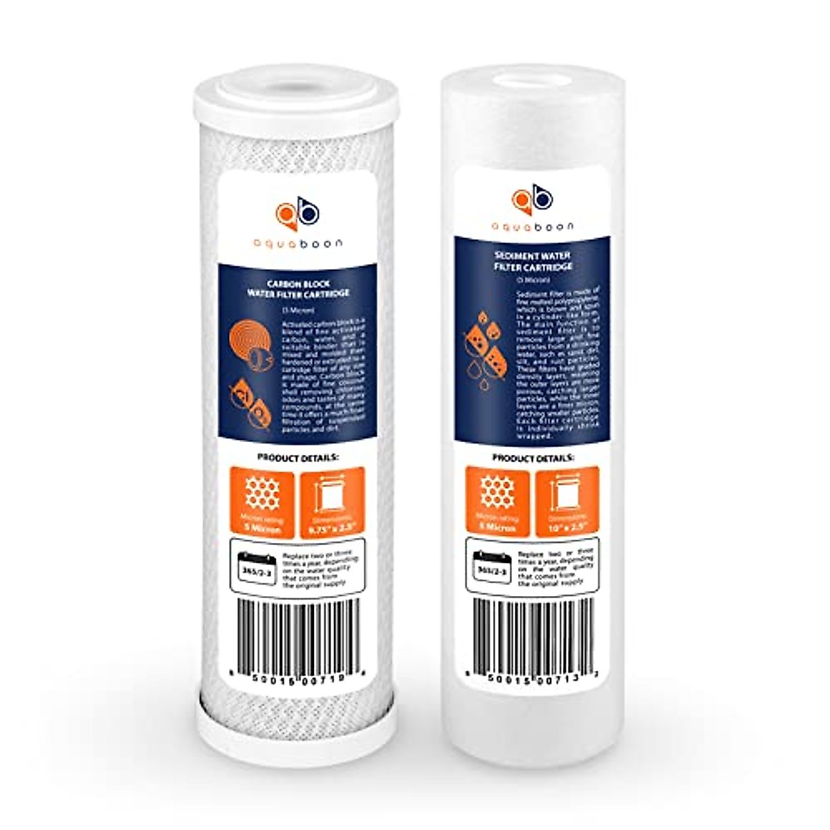Aquaboon 10" x 2.5" Replacement Water Filter Set of 1 Carbon and 1 Sediment, 5 Micron 10 inch Cartridges, Compatible with DWC30001, WFPFC8002, FXWTC, WHEF-WHWC, WHKF-WHWC, Pentek DGD, RFC