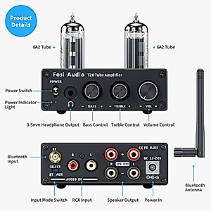 Fosi Audio T20 Bluetooth 5.0 Tube Amplifier Headphone Amp Support aptX HD Stereo Receiver 2 Channel Class D Digital Mini Hi-Fi Power Amp for Home Passive Speakers with 6J4 Vacuum Tubes