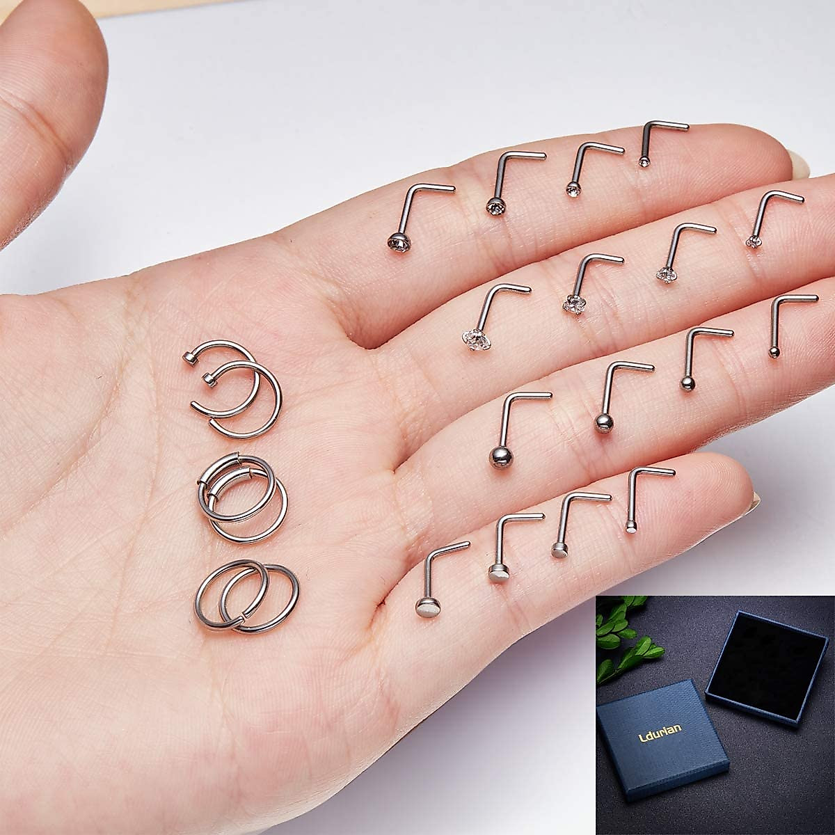 Ldurian 22PCS Nose Rings Studs | Nostril Piercing Jewelry Titanium Nose Stud Ring | Surgical Steel Nose Piercing Kit Jewelry | L Shape 20G Nose Studs Set