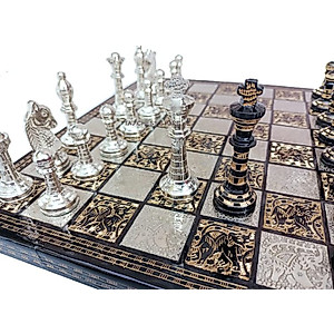 12" Solid Brass Metal Chess Set Pieces & Board with Velvet Storage Box | Brass Metal Luxury Chess Set | Antique Chess Set for Gifts