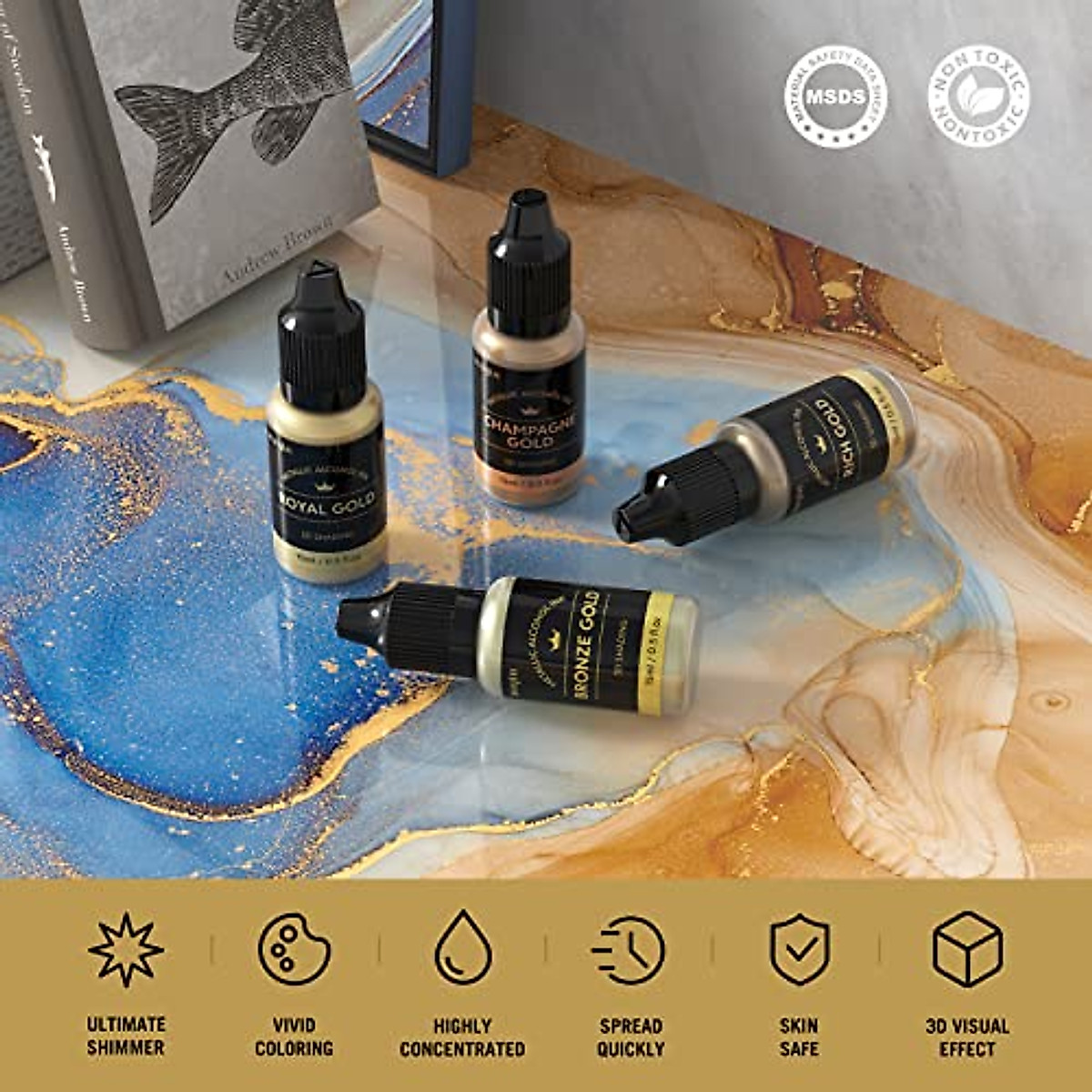 Metallic Alcohol Ink Set - Gold Metallic Mixatives Alcohol Pigment, High Concentrated with Extreme Shimmer Alcohol-Based Inks for Epoxy Resin Yupo Tumblers Cups Fluid Art Painting (4 * 15ml/.5 fl oz)