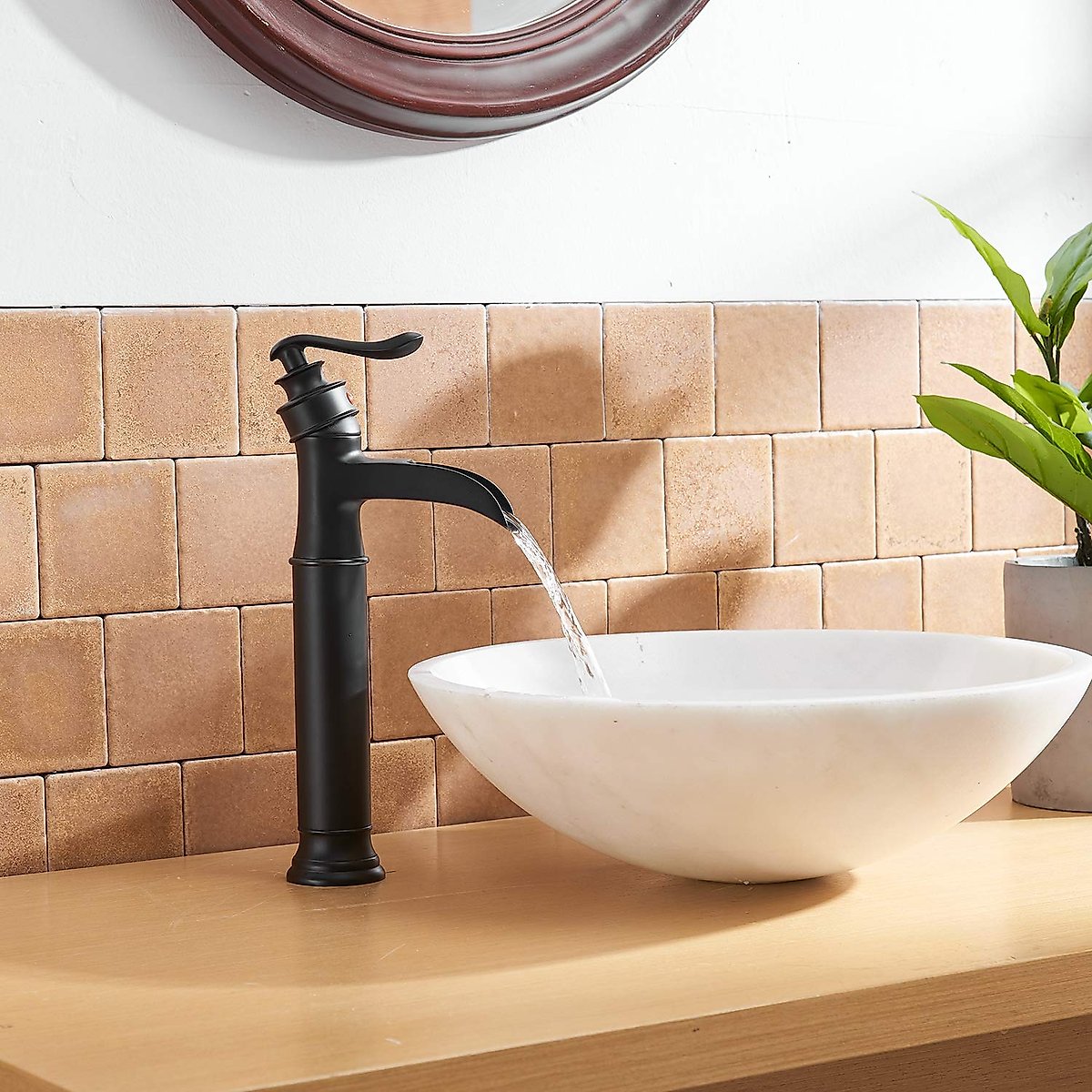 BWE Vessel Sink Faucet Waterfall Matte Black with Pop Up Drain Without Overflow and Supply Lines Bathroom faucets for Sink 1 Hole One Handle Faucets Vanity Bath Mixer Tap