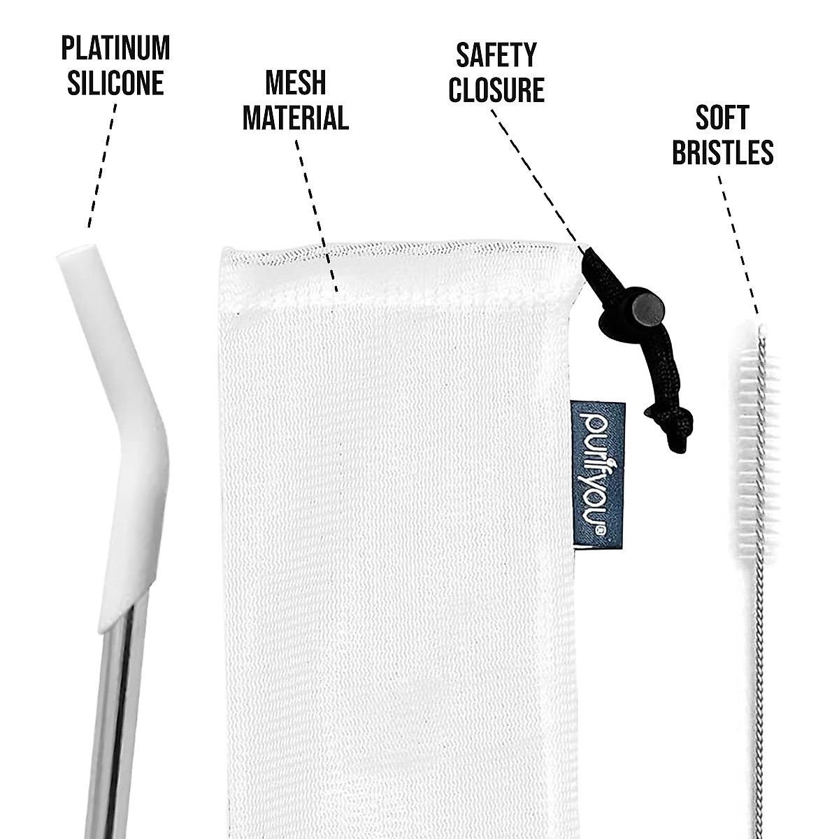 purifyou 14.5 inch Stainless Steel Straws With Platinum Silicone Tips, For Stanley and other 40 oz Tumbler, Extra Long & Wide Set of 5 Reusable Drinking Metal Straw with Portable Case & Cleaning Brush