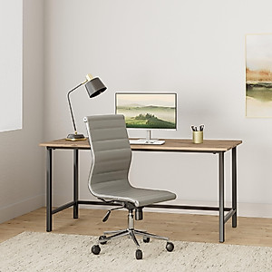 2xhome Modern Office Desk Chair | Upholstered PU Leather Ribbed Armless Mid Back with Metal Frame | Adjustable Height, Tilt Lock | Computer, Home, Executive, Conference, Meetings, Gray
