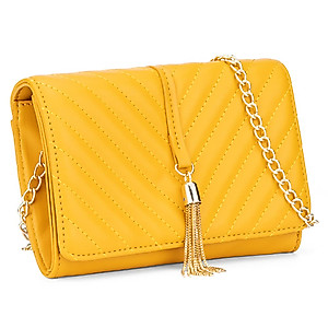 Olivia Miller Women's Fashion Asher Faux PU Leather Quilted Textured w Tassel n Front Flap, Yellow Crossbody Bag Everyday Small Evening Casual Work Purse Handbag