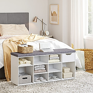 DINZI LVJ Shoe Bench, Entryway Storage Bench with Drawer and 11 Cubbies, Cubby Shoe Rack with Adjustable Shelves, Shoe Organizer Cabinet for Living Room, Bedroom, Mudroom, Closet and Garage, White