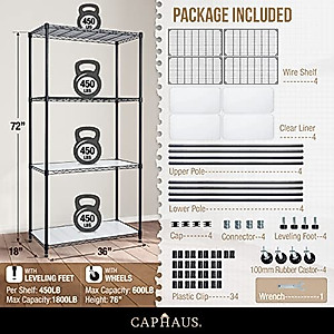 CAPHAUS NSF Commercial Grade Heavy Duty Wire Shelving w/Wheels, Leveling Feet & Liners, Storage Metal Shelf, Garage Shelving Storage, Utility Wire Rack Storage Shelves, w/Liner, 36 x 18 x 76 4-Tier