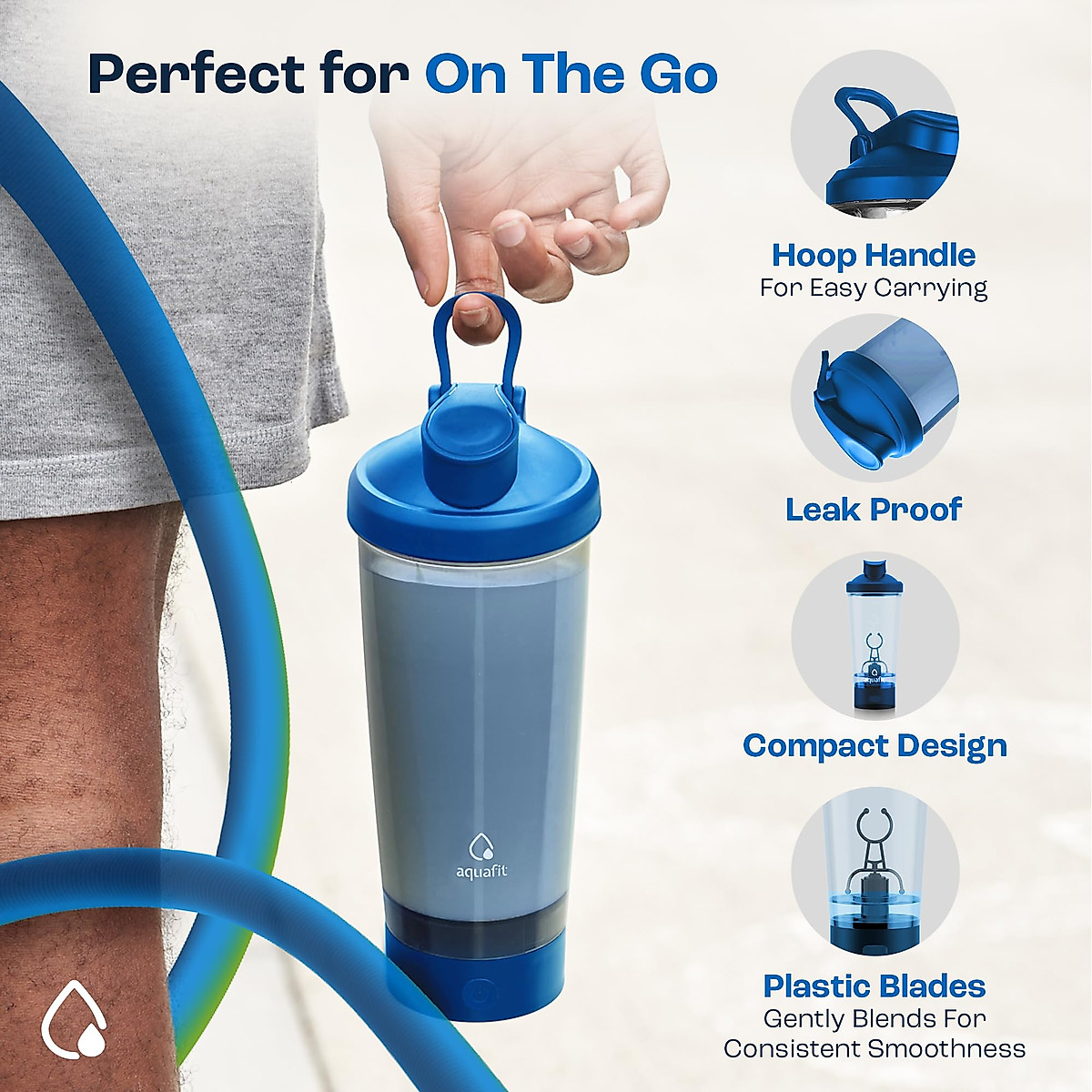 AQUAFIT Electric Protein Shaker Bottle - USB Rechargeable Shaker Bottles 24oz Shaker Bottles for Protein Mixes, Protein Mixer, Gym Accessories, Gadgets for Men (Blue)