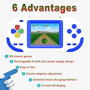 Douddy Retro Handheld Game Console for Kids 4-12 with Build in 218 Puzzle Leisure Video Games Rechargeable 3.0'' Screen Electronics Gaming Player Toys Birthday Gift for Boys Girls (Blue)