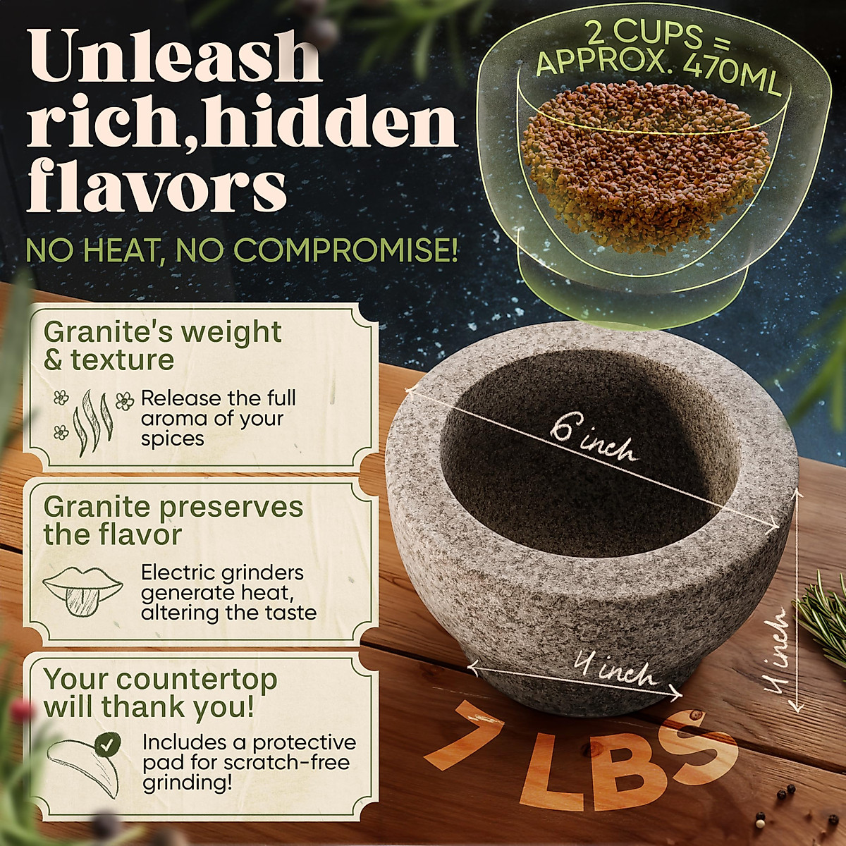 ChefSofi Mortar and Pestle Set - 6 Inch - 2 Cup Capacity - Unpolished Heavy Granite for Enhanced Performance and Organic Appearance - Included: Anti-Scratch Protector + Italian Recipes EBook