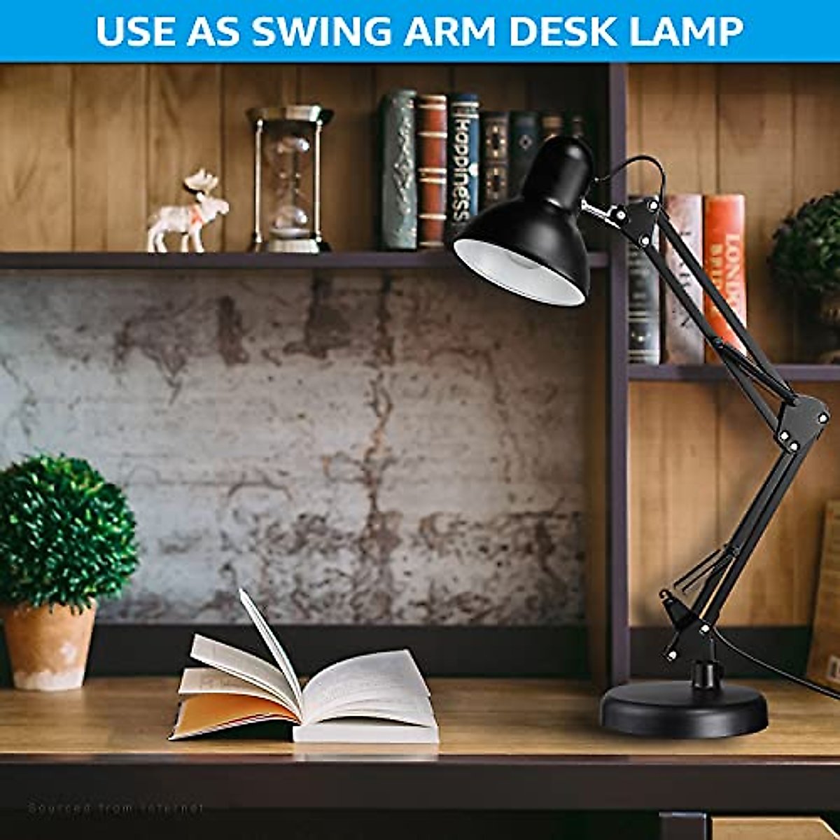 TORCHSTAR Metal Desk Lamp, Swing Arm Desk Lamp with Clamp, Adjustable Goose Neck Architect Study Table Lamp, Clip On Eye-Caring Reading Lamp for Home, Office, Multi-Joint, Black Finish