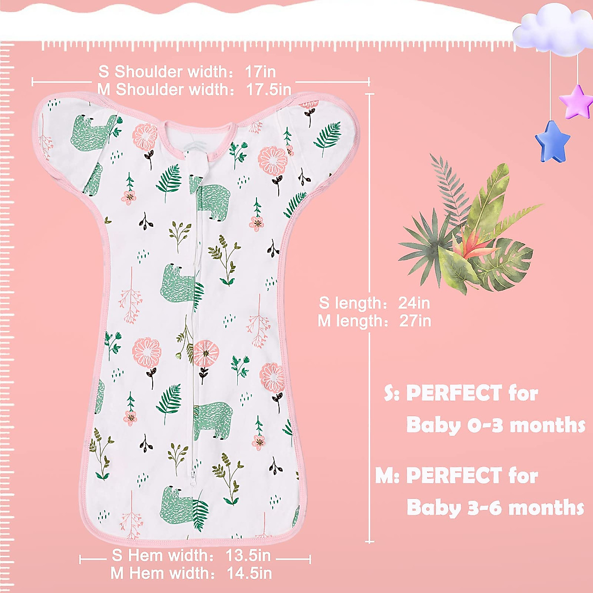 2 Pack Transition Swaddle with 2 Way Zipper, 2 in 1 Arms in/Out Transitional Arms Up Swaddle, 100% Cotton Newborn Swaddle Zipper Swaddles Baby Swaddling Sack Sleeping Sack 3-6 Months, Flamingo & Bear