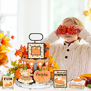 Tradder 14 Pcs Fall Tiered Tray Decorations Tiered Tray Decor Set Rustic Table Thanksgiving Decorative Trays Wooden Pie Autumn Pumpkin Tiered Tray for Farmhouse Home Kitchen Autumn Thanksgiving