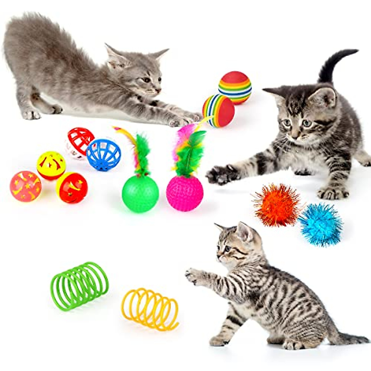ANJIME 32 PCS Cat Toys Kitten Toys, Variety Catnip Toys with Rainbow Tunnel Interactive Cat Feather Teaser Fluffy Mouse Crinkle Balls Spring Toy Set for Cat, Kitty