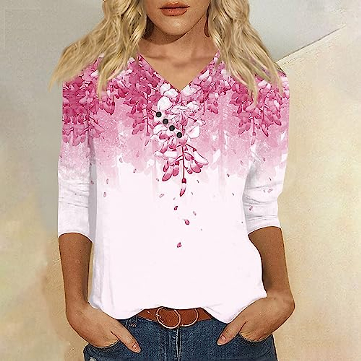 3/4 Length Sleeve Womens Tops Plus Size Tops for Women Shirts for Women Custom T Shirts Blouses &amp; Button-Down Shirts Fashion Floral Printed V-Neck Button Decorative Tee,Pink,XXL