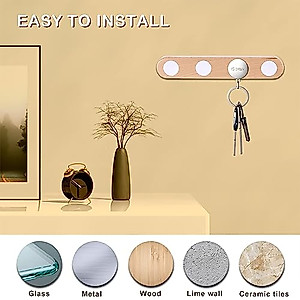 DAUH Magnetic Key Holder, Original Wooden Adhesive Magnetic Key Holder for Wall, Strong Magnet Key Holder Home with 4 Key Rings for Door Entryway Hallway Office