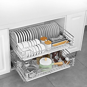 Stainless Steel Pull Out Cabinet Drawers Pantry Pull Out Basket Cabinet Organizer for Home, Kitchen, Bathroom Deepen 2-Tier Metal Sliding Baskets w/Soft-Close Pull Out Storage for Pots and Cans