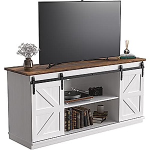 JUMMICO Farmhouse TV Stand up to 65 Inches, Mid Century Modern Entertainment Center with Sliding Barn Doors and Storage Cabinets, Metal Media TV Console Table for Living Room Bedroom (Bright White)