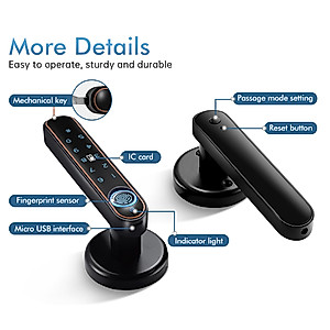 Pulido Fingerprint Door Knob, Full Function 5-in-1 Smart Door Knob, Fingerprint Door Lock for Bedroom, Office, Hotel, Pantry, Biometric Door Knob with 5 IC Cards, Waterproof