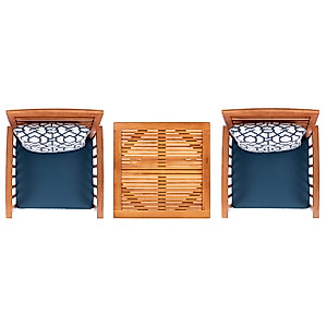 SAFAVIEH Outdoor Collection Pate Natural/ Navy Cushions/ Geometric Pattern Pillows 3-Piece Bar Table Bistro Set