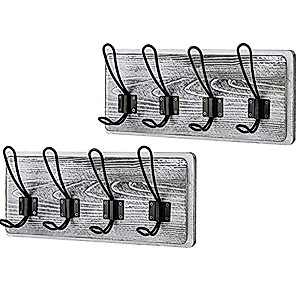 Key Holder for Wall Set of 2, Wall Mounted Coat Racks Wood Rustic Hat Holder with 4 Hooks, Towel Hook Hanger for Entryway Living Room Bedroom Kitchen Bathroom (Gray White)