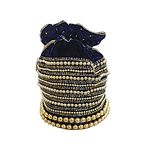 Indian Potli Bag, Bucket Bag Embellished With Golden Motifs For Parties, Weddings, Brides, Festivals, Velvet Purse (Navy)