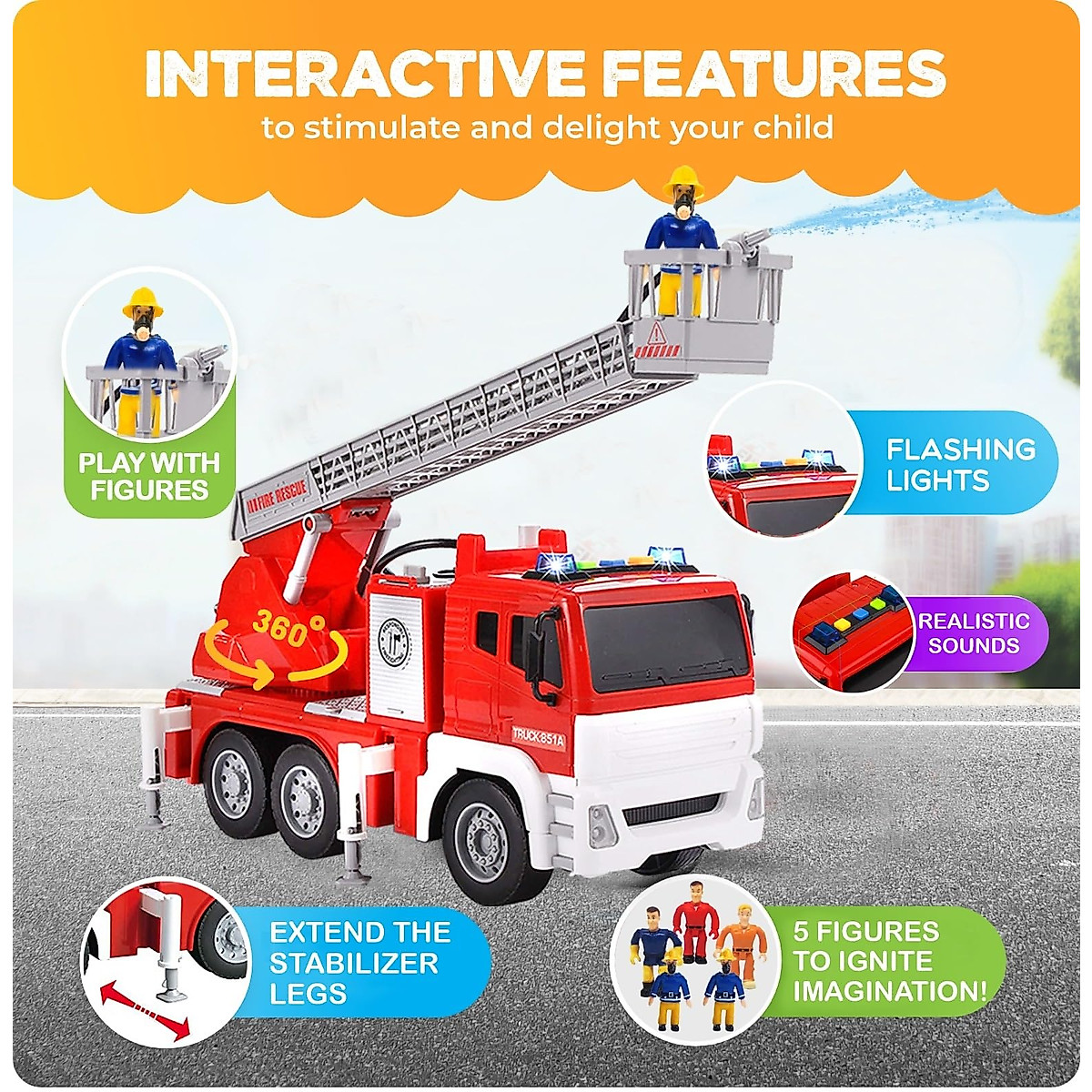 FUNERICA Fire Truck with Water Hose Pump, Flashing Lights, Siren Sounds, Extending Ladder, 5 Fireman, Firefighter Figures, Powered Firetruck Engine, Best Toy Gift for Toddlers, Kids, Boys, and Girls