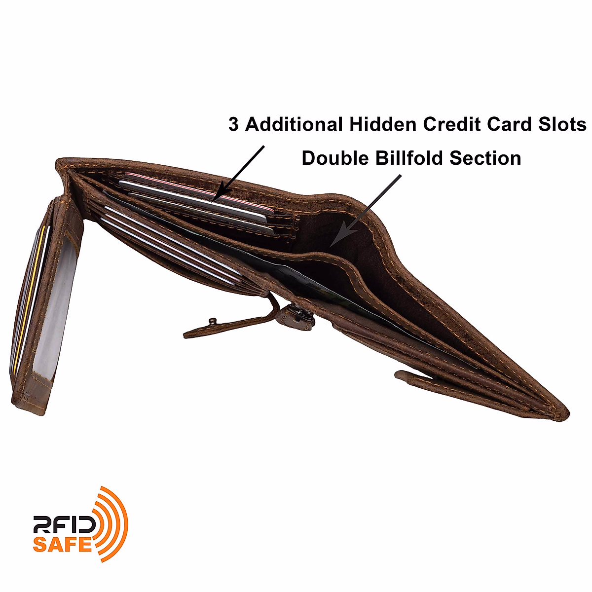 DiLoro Mens Full Size Large Capacity Genuine Full Grain Leather Wallet Bifold Flip ID Coin & Zip Pockets RFID Blocking Anti-Theft (Bugatti Tan)