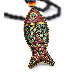 Fish Long Necklace Handmade Turquoise Wood Beads Necklace for Women Fashion Jewelry (Fish pendant)