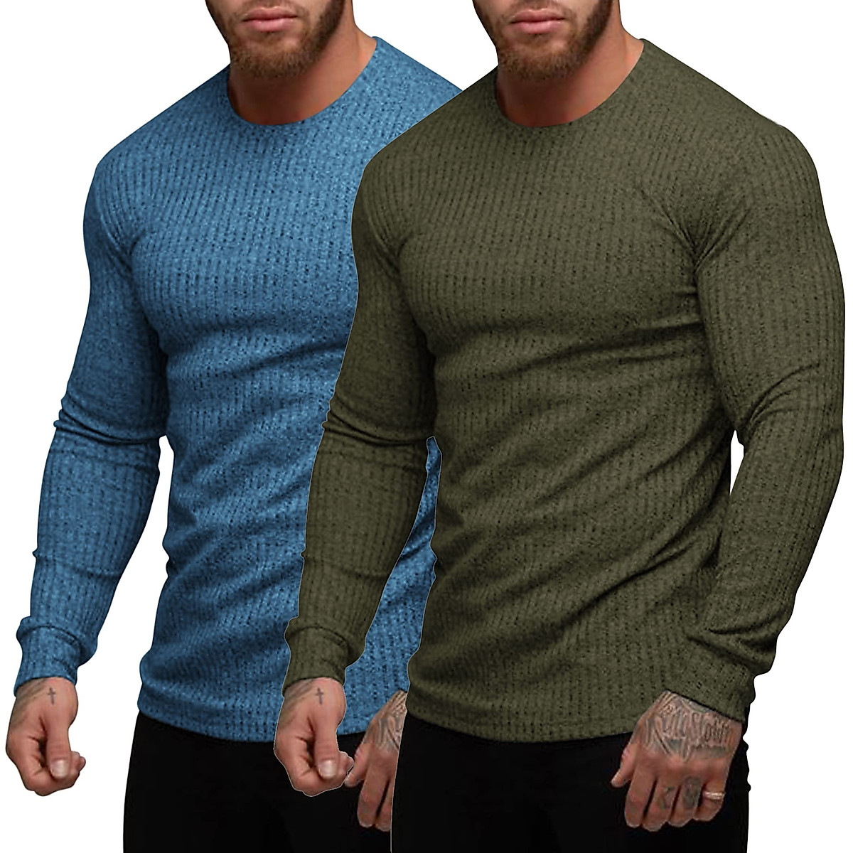 COOFANDY Men's 2 Pack Workout T Shirts Long Sleeve Stretch Gym Muscle Tee Bodybuilding Fitness Training Running Tops (Blue/Army Green, Medium)