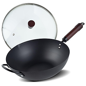 Vegoran Carbon Steel Wok Pan,12.5" Non-Stick Woks & Stir-Fry Pans with Glass Lid,No Chemical Coated Flat Bottom Iron Wok for Induction,Electric,Gas,Halogen,All Stoves-Practical Gift (12.5")