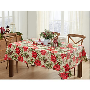 Newbridge Majestic Winter Poinsettia Festive Floral Christmas Print Vinyl Flannel Backed Tablecloth, Noel and Holly Berry Xmas Easy Care Wipe Clean Tablecloth, 60 Inch x 84 Inch Oblong/Rectangle