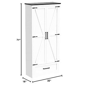 JXQTLINGMU 72" Tall Farmhouse Kitchen Pantry with Adjustable Shelves, Large Wood Kitchen Storage Cabinets with 2 Barn Doors & Drawer, Versatile Storage for Dining Room, Bathroom, Antique White