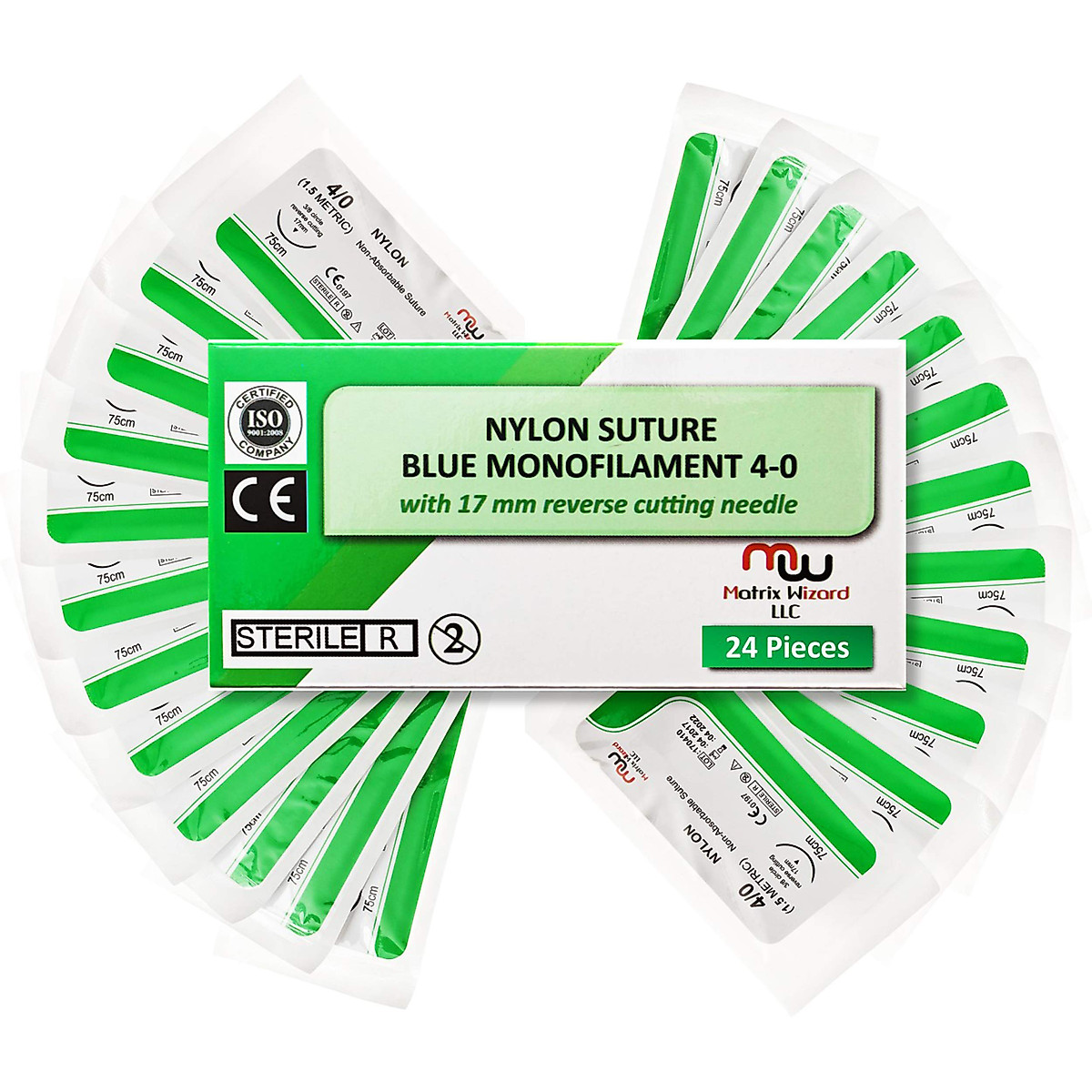 4-0 Sterile Suture Threads with Needle (24 PK Nylon) - Camping Survival Demo, Military Tactical Drill, Clinic Rotation Suturing, First Aid Travel Safety, Taxidermy, Veterinary Use