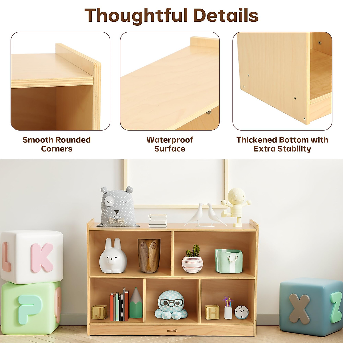 Bateso Toy Storage Organizer for Kids, 5-Compartment Wooden Toy Storage Cabinet, Montessori Bookshelf for Books & Toys, 2-Tier Kids Bookcase & Toy Shelf for Kids' Room, Playroom, Classroom, Nursery