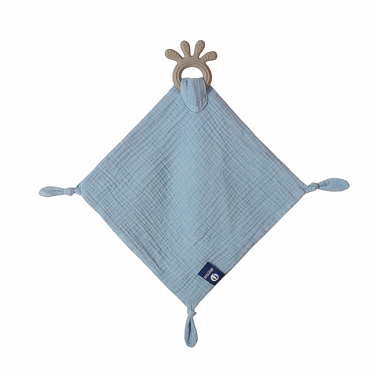 AmazingM Baby Muslin Security Blanket with Food Grade Silionce Teether,Soothe Teething Toy for Boys and Girls,100% Polyester (Blue)